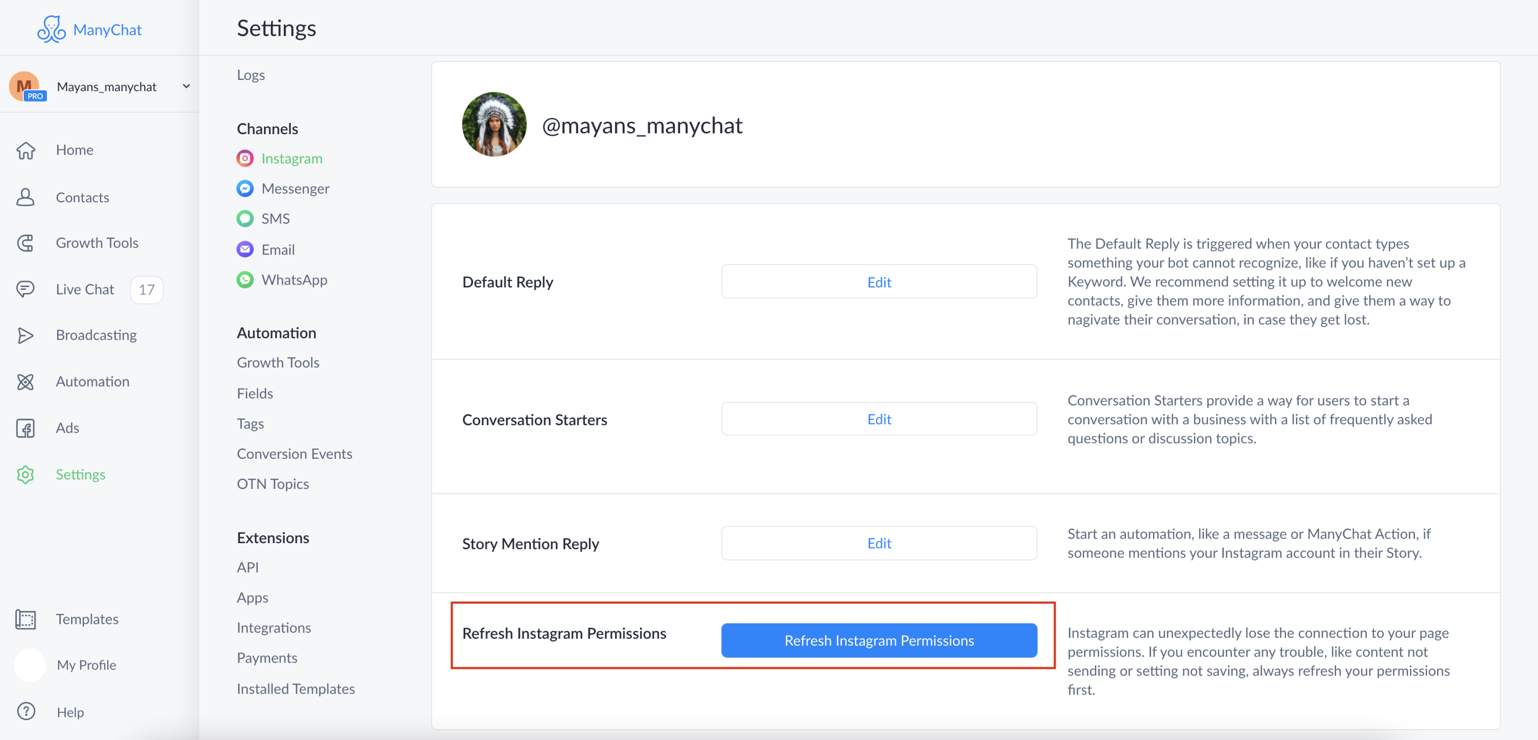 Refresh Permissions – Manychat Help