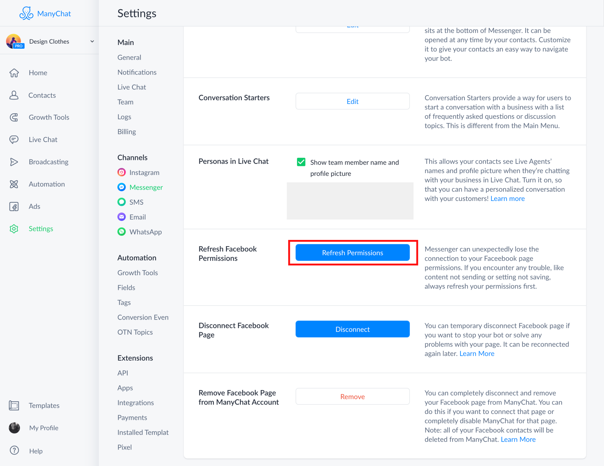 Refresh Permissions – Manychat Help