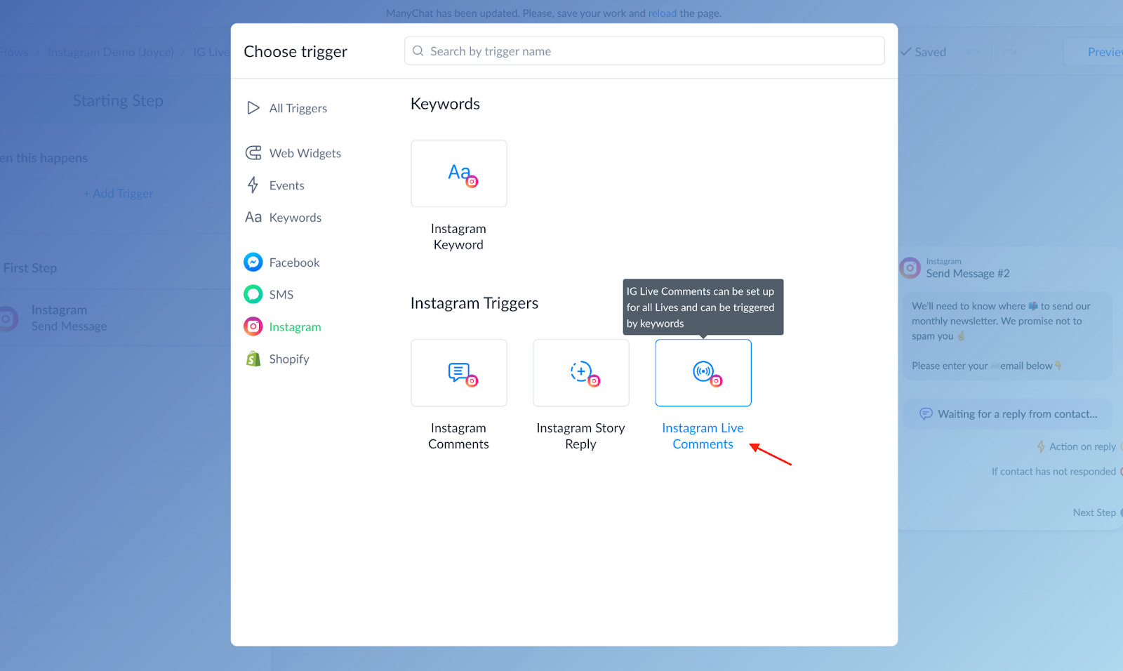 Instagram Live Comments Trigger – Manychat Help